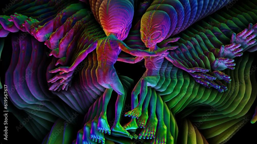 Seamless loopable animation of rainbow aliens floating in space with ...