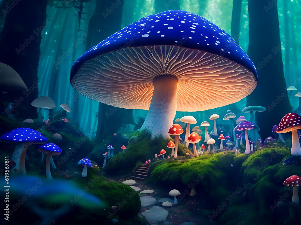Magical mashroom in fantasy enchanted fairy tale forest with lots of ...