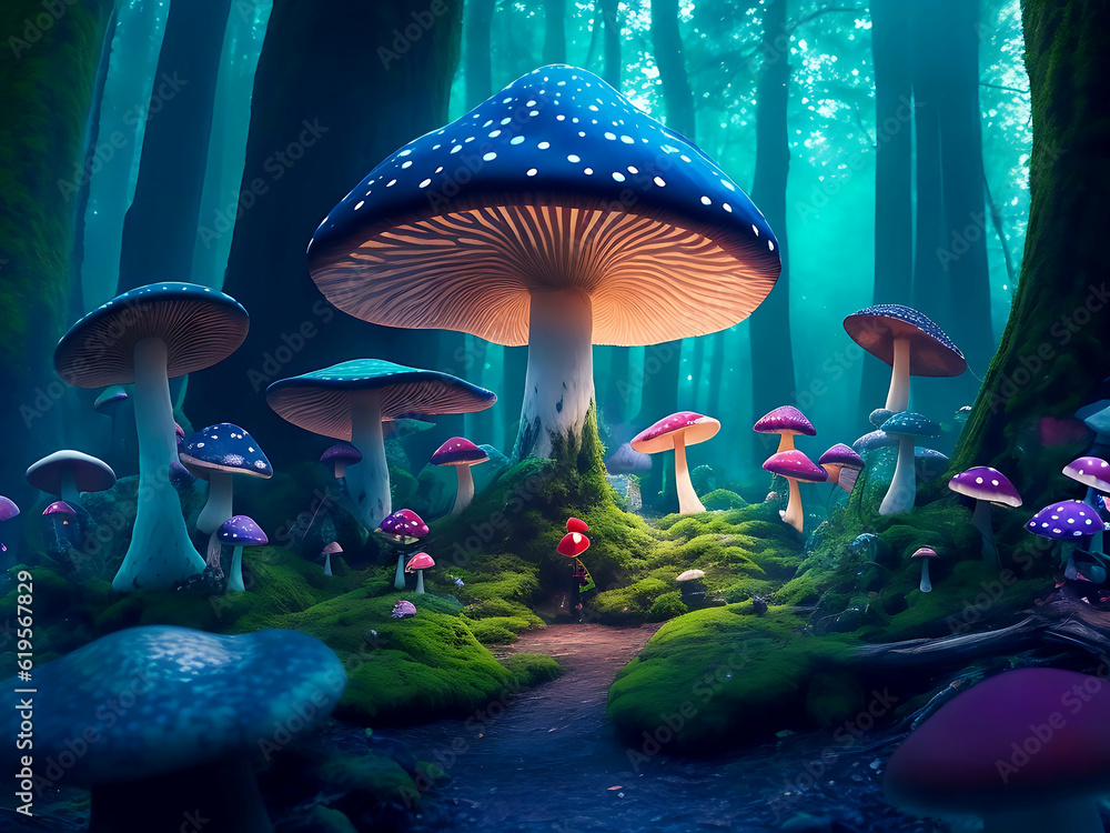 Magical mashroom in fantasy enchanted fairy tale forest with lots of ...