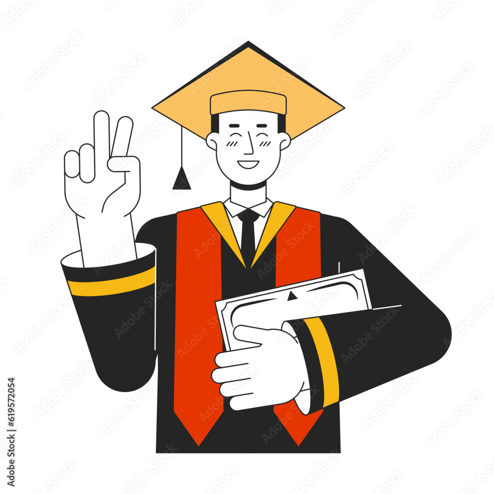 Graduate man in robe and academic cap flat line color vector character ...