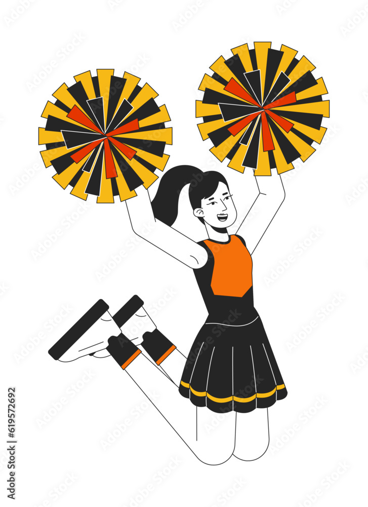 Cheerleader girl jumping flat line color vector character. Editable ...