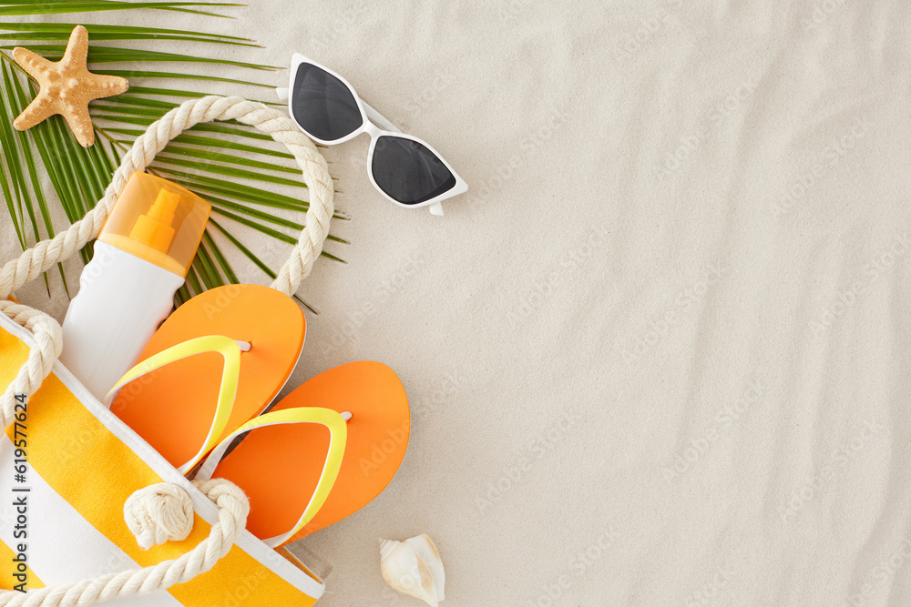 Concept of a beachside summertime vacation. Top view flat lay of ...