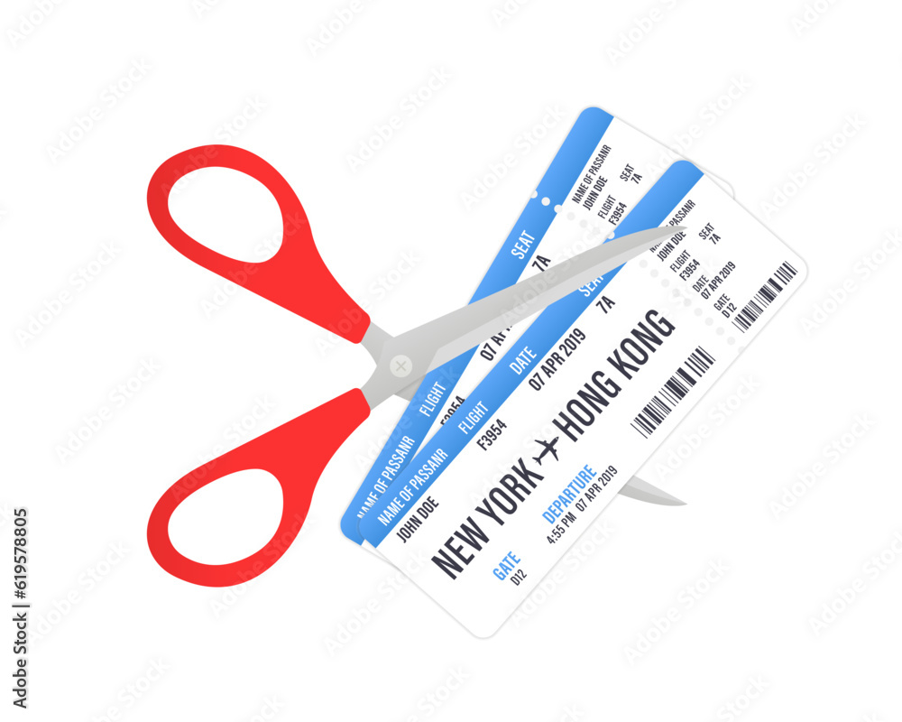 Scissors cut the plane ticket. Modern airline tickets design with ...