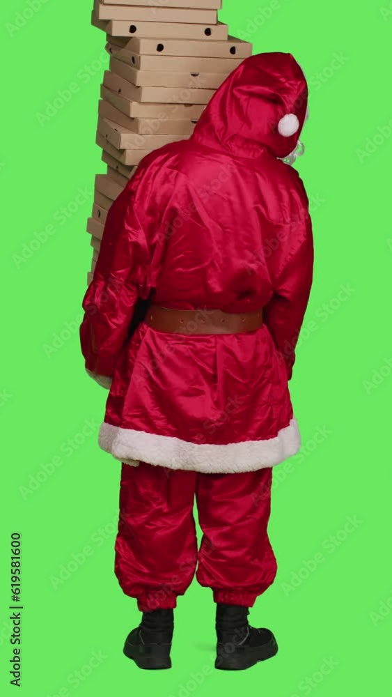 Saint nick holding pizza boxes, delivering huge pile of fast food over ...