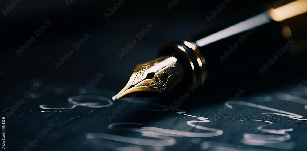 Beautiful fountain pen with golden tip. Some lines and letters are ...