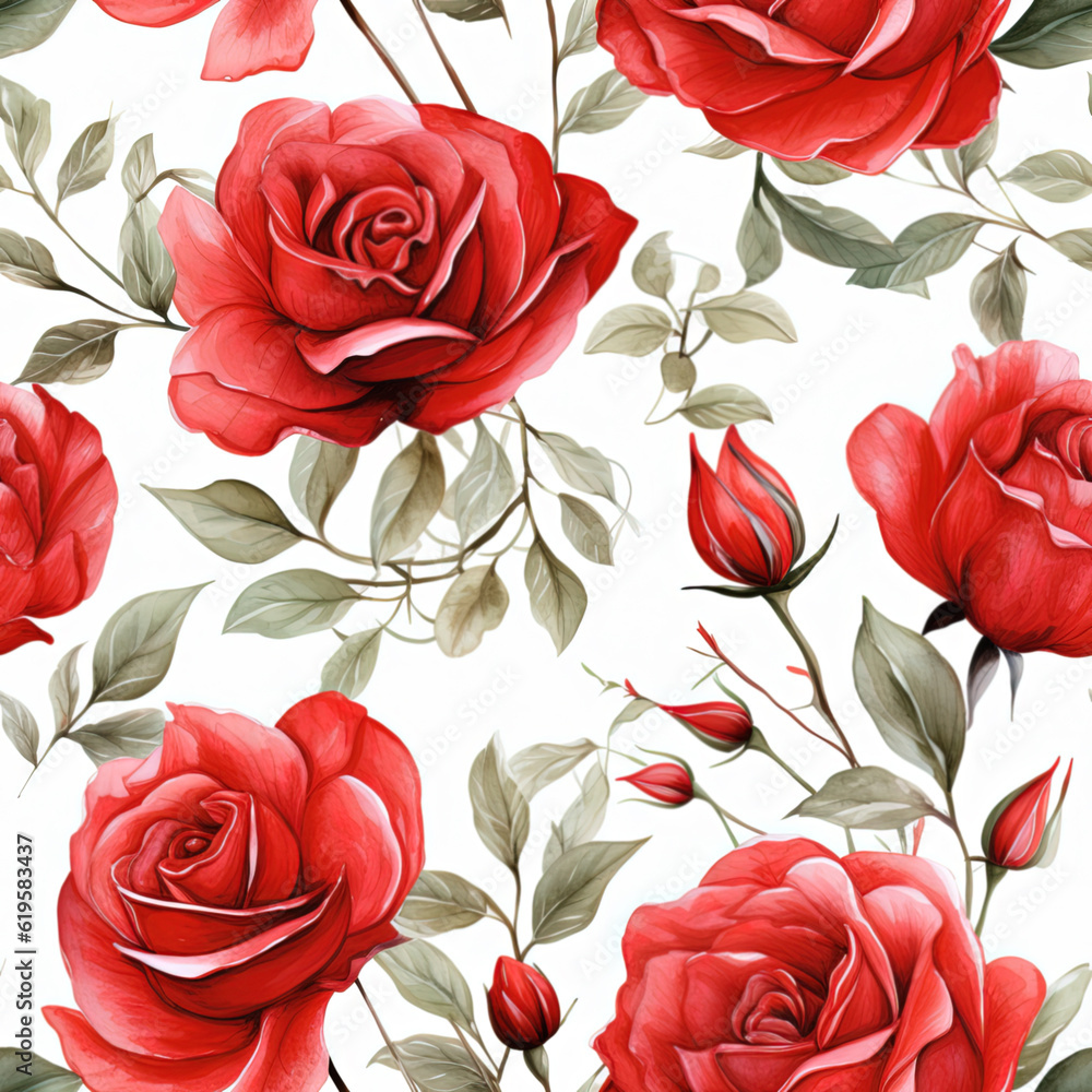 Seamless pattern of red rose flowers and leaves on a white background ...
