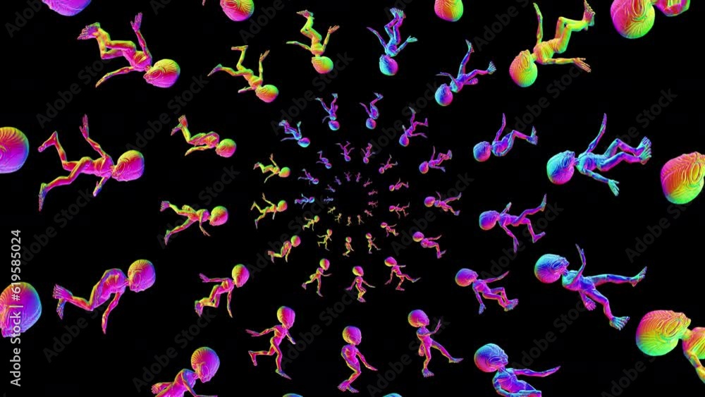Seamless animation of a crowd of psychedelic swirl of rainbow walking ...