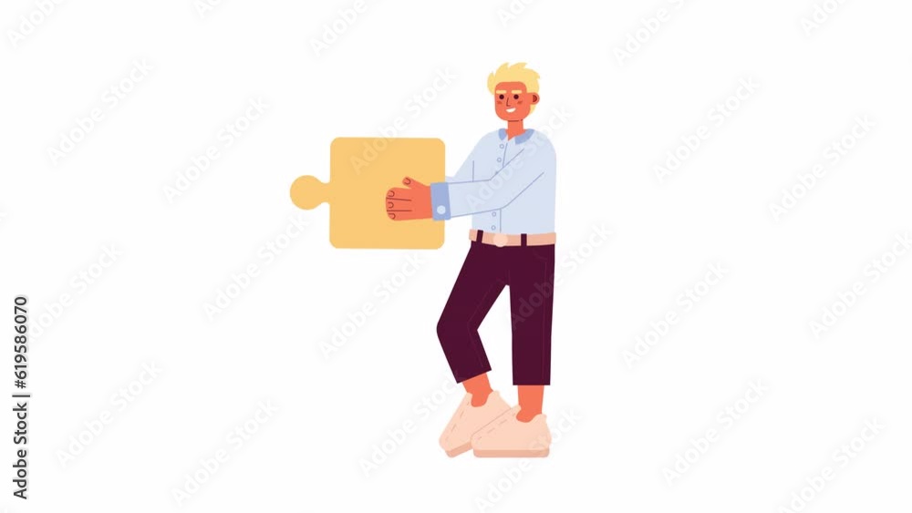 Caucasian office man holding puzzle piece 2D animation. Cooperation ...