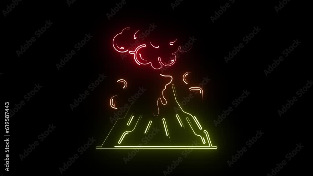neon animation. Icon drawn on a black background. a volcano erupting ...