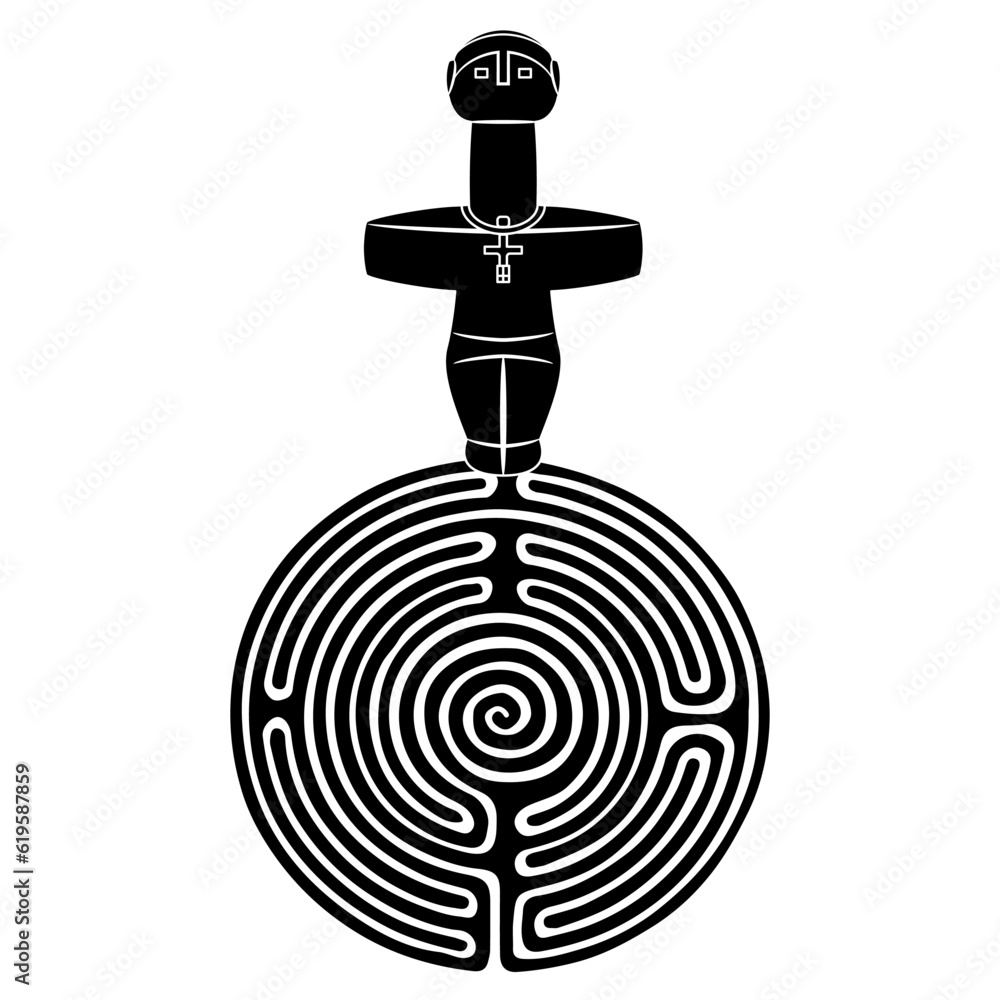 Idol of Pomos on a round spiral maze or labyrinth symbol. Ancient Greek ...