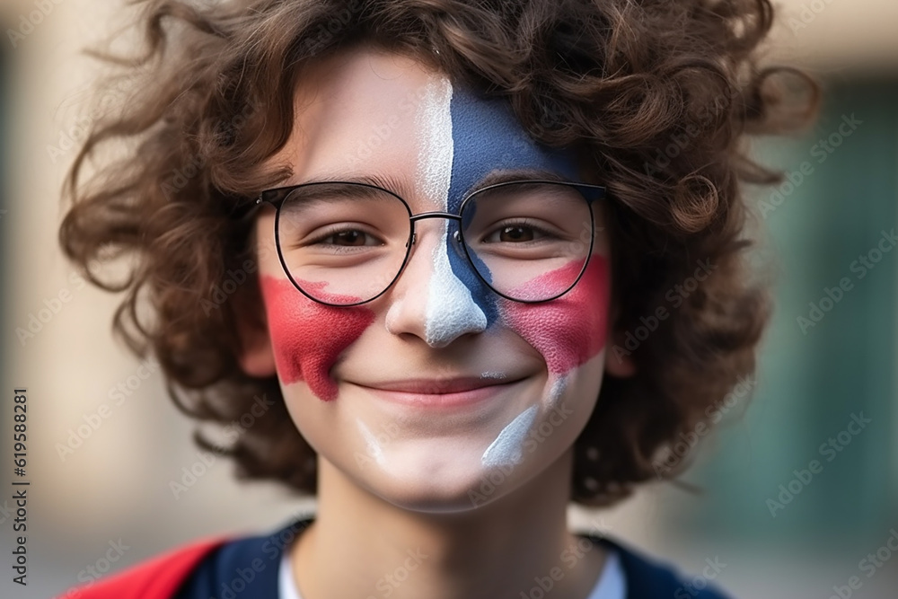 Handsome smiling teenager with french flag art on his face. Generative ...