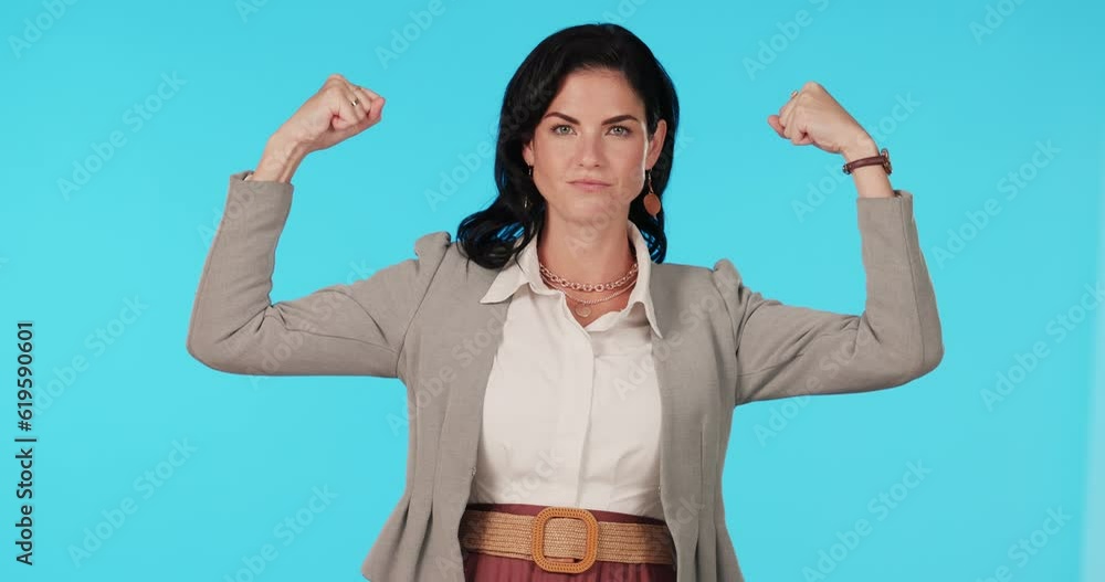 Champion, business woman and confident winner, flexing muscle and ...