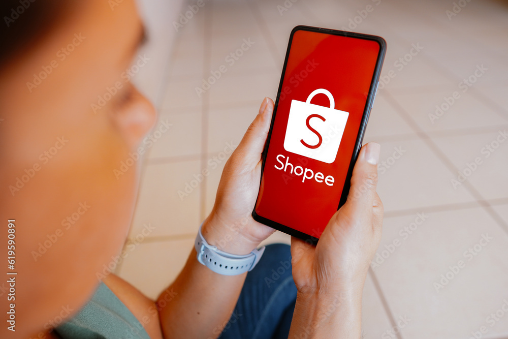 July 3, 2023, Brazil. In this photo illustration, the Shopee logo is ...