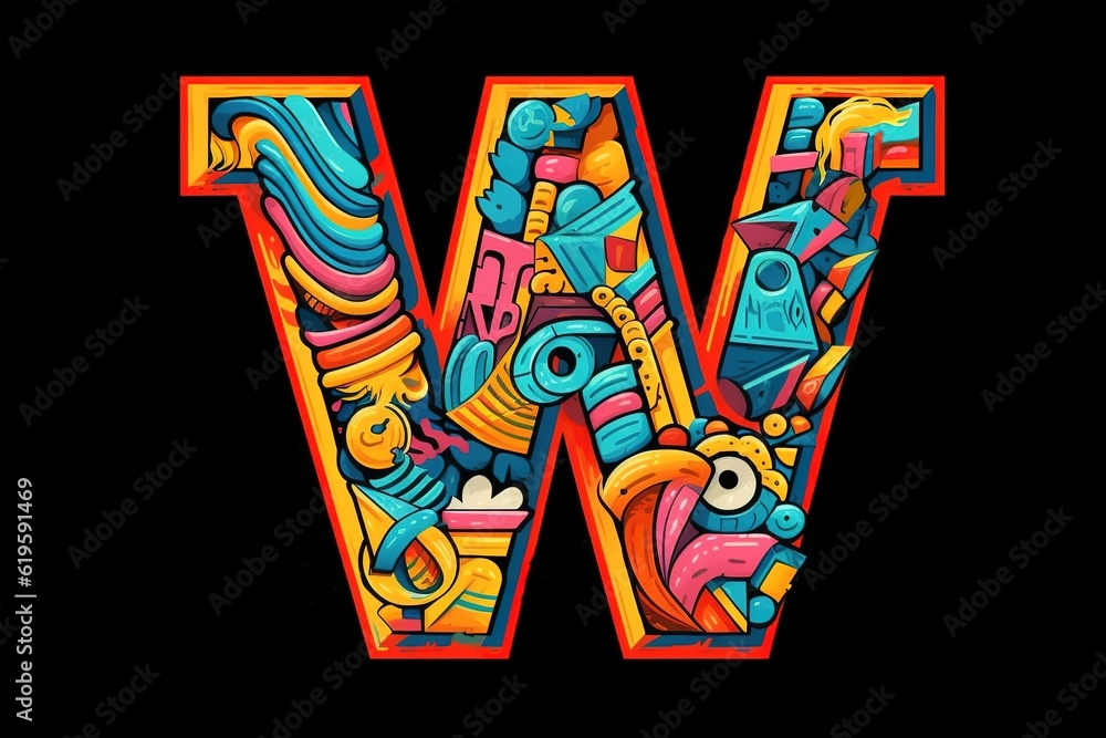 The letter w is composed of a rainbow of different pictures. Stock ...