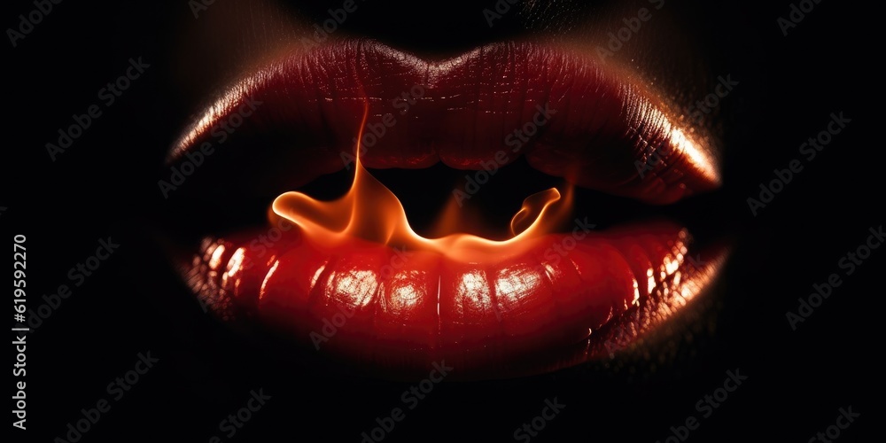 Sexual red lips with fire flame isolated on black background.Hot kiss.A ...