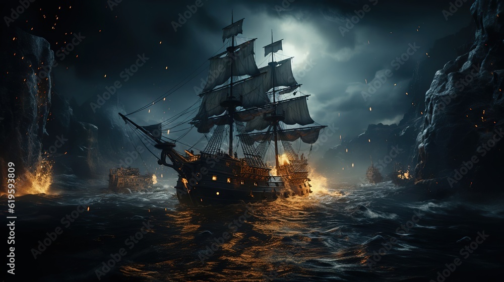 Pirate horror ghost ship in middle of ocean,dark night. Created with ...
