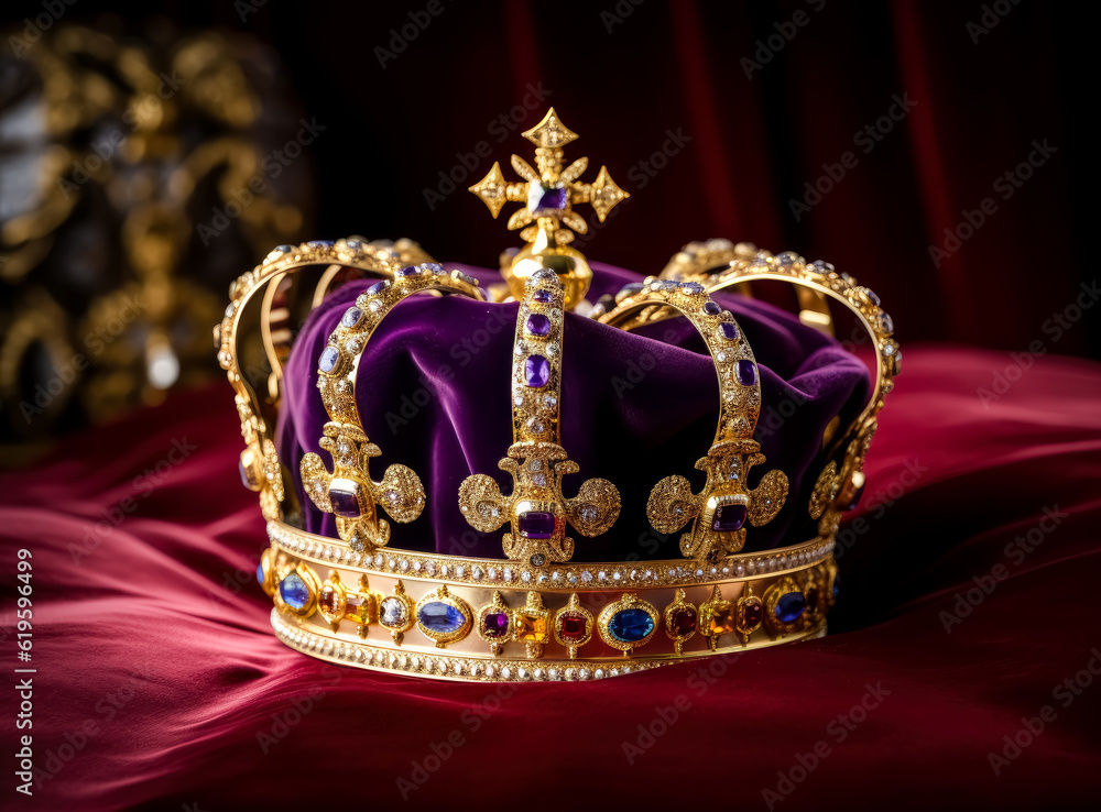 The British Royal crown, gold crown on purple with encrusted jewels ...