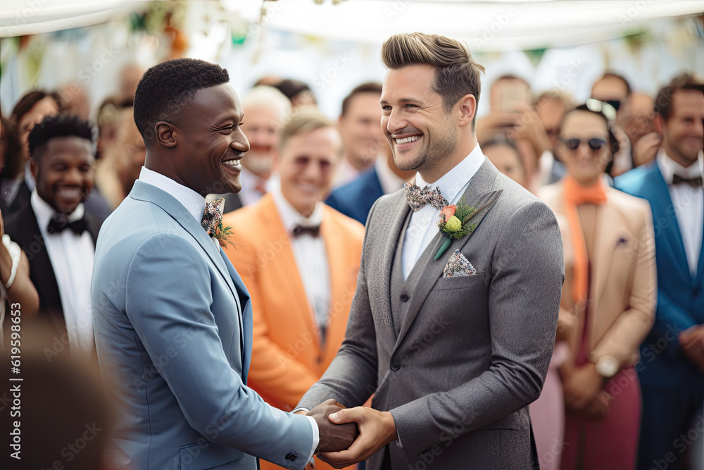 wedding ceremony where two grooms stand hand in hand, surrounded by ...