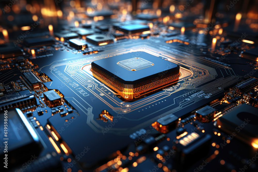 An abstract depiction of a futuristic electronic circuit technology ...