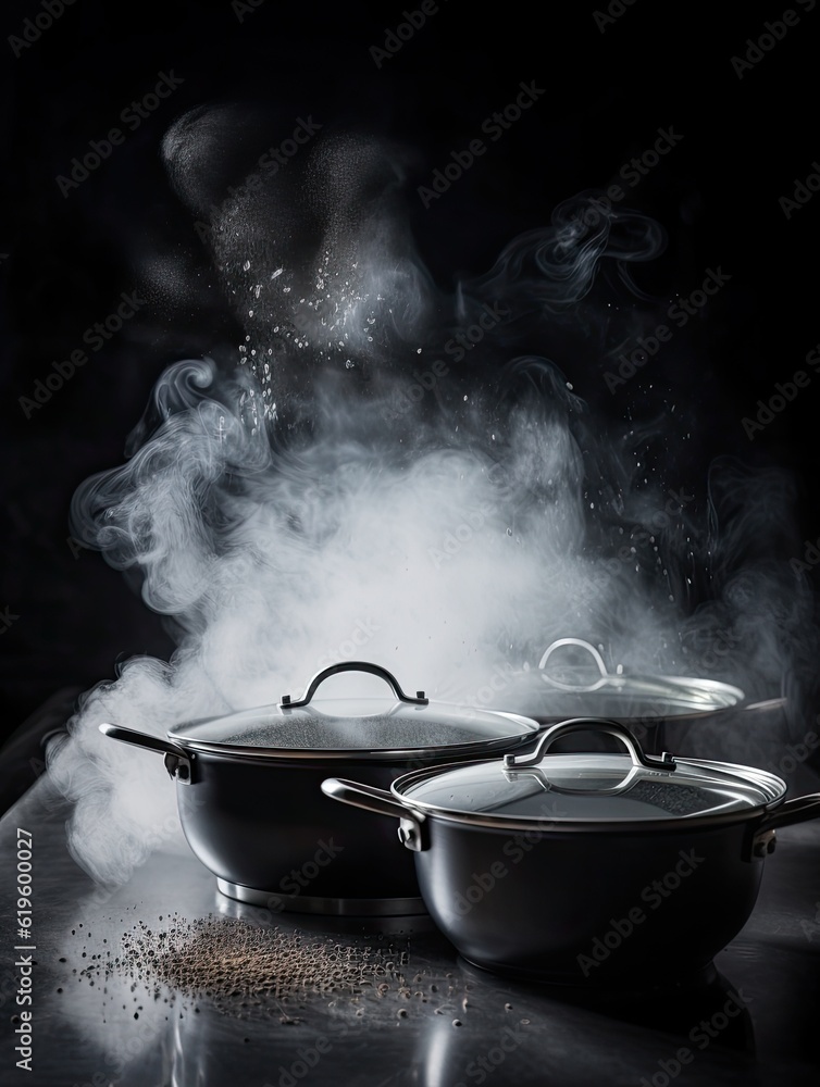 pots cooking food, smoke background and sparkling particles, cooking ...