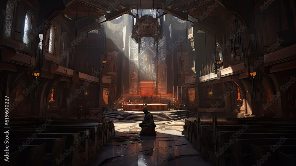 Steampunk church concept, interior with large alter, gothic building ...