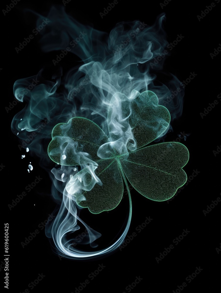 4 leaf clover in smoke with swirling background and sparkling particles ...