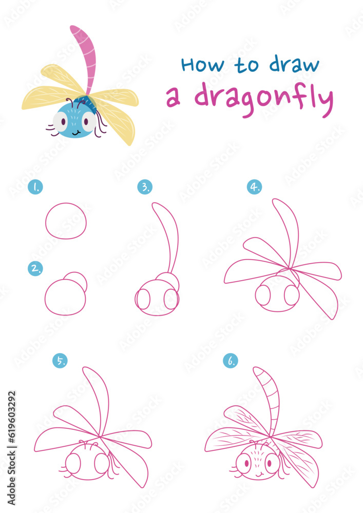 How to draw a dragonfly vector illustration. Draw a dragonfly step by ...