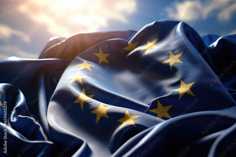 Flags representing the European Union flutter harmoniously on a clear ...