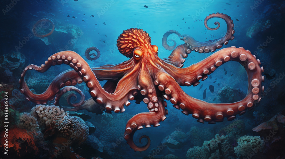 Red octopus swimming in ocean with large tentacles Stock Illustration ...