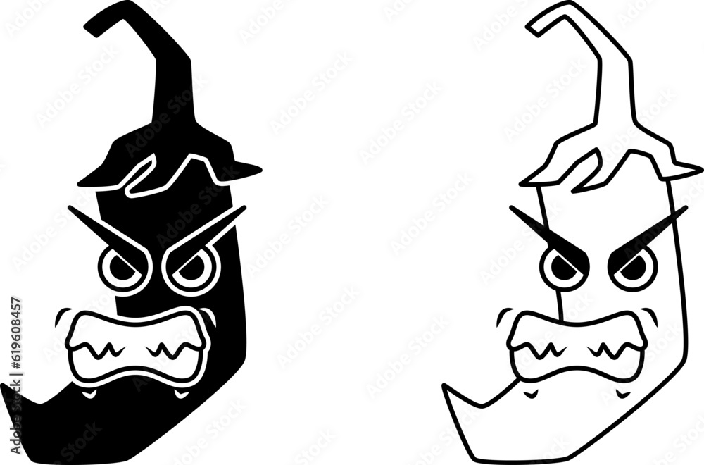 black white angry chili mascot illustration. silhouette, line art ...