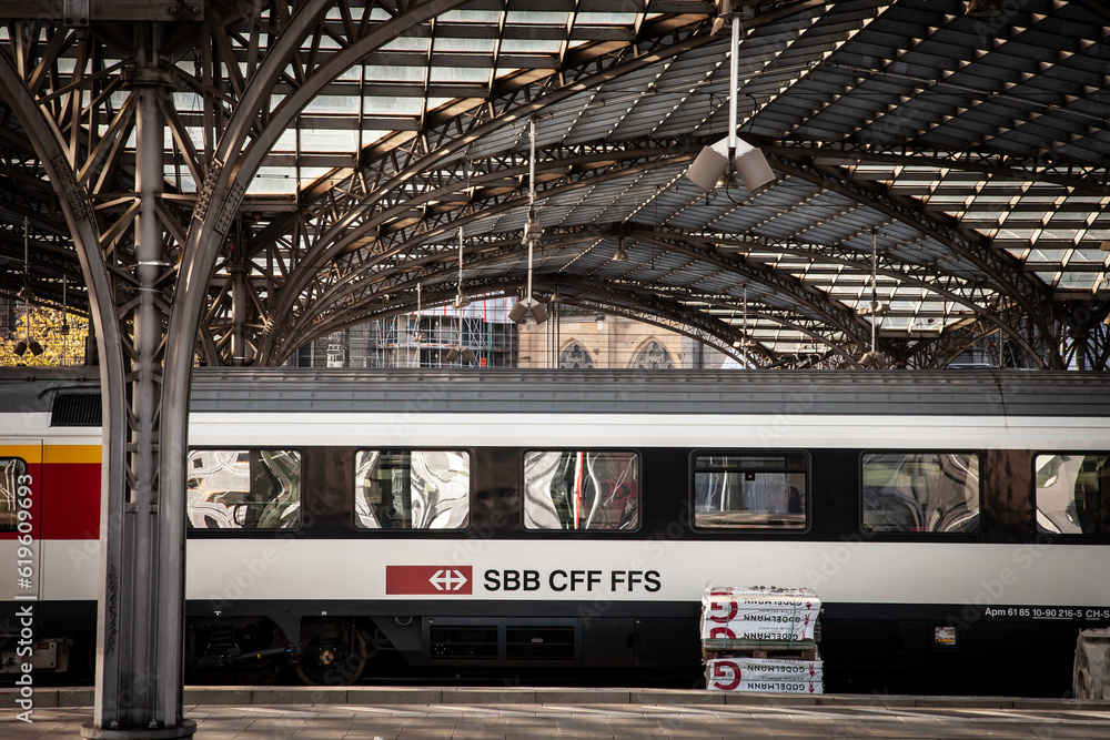 COLOGNE, GERMANY - NOVEMBER 12, 2022: Passenger train with swiss ...