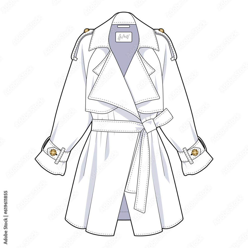 Vetor de Trench coat front view fashion flat sketch for Tech Pack. Belt ...