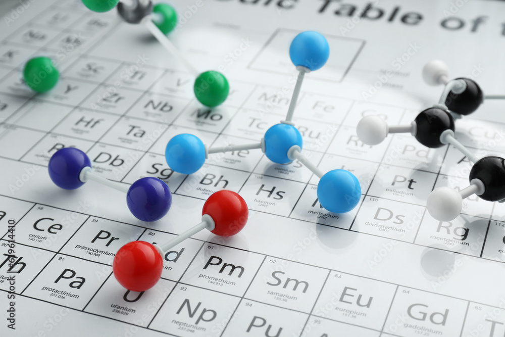 Molecular models on periodic table of chemical elements Stock Photo ...