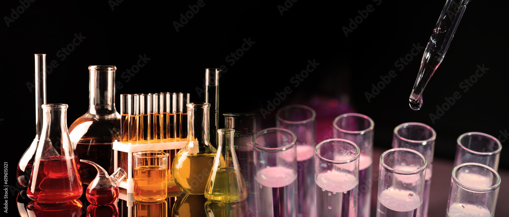 Chemistry and chemical research. Collage of different laboratory ...