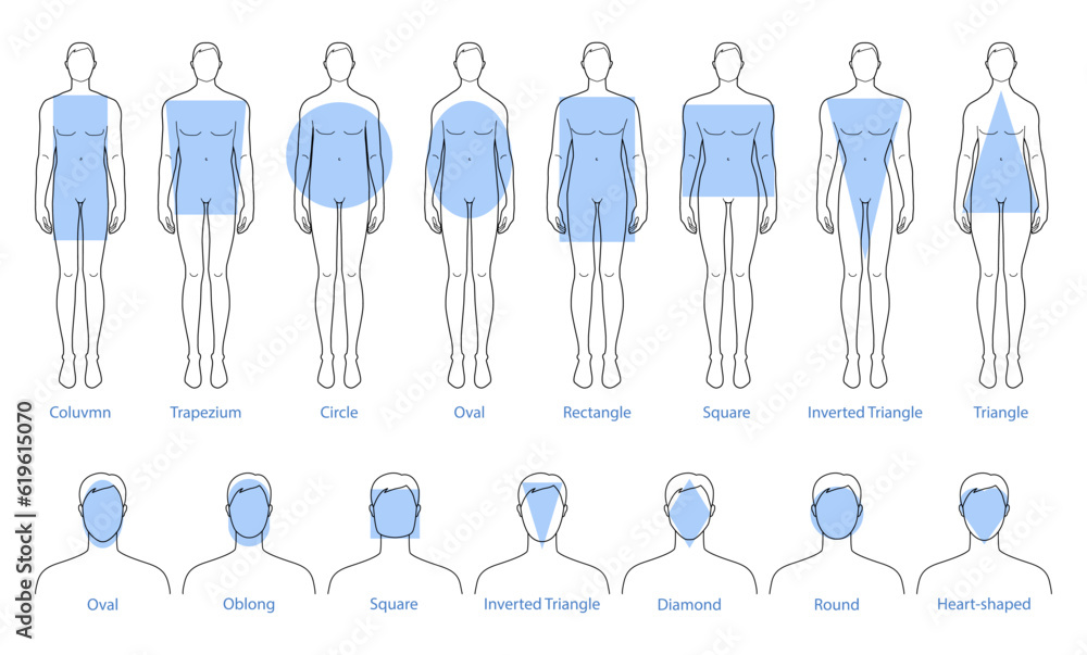 Set of Men face and body shape types - oblong, square, inverted ...