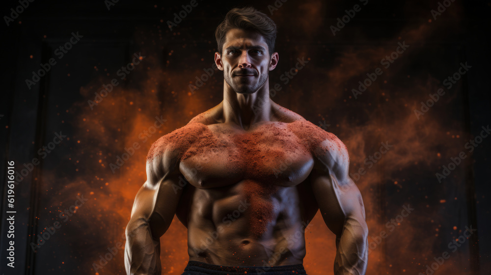 fitness man body after finishing the motivational workout poster Stock ...