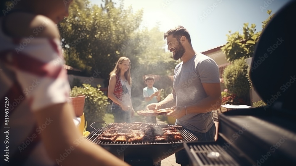 a photo of a american family and friends having a picnic barbeque grill ...