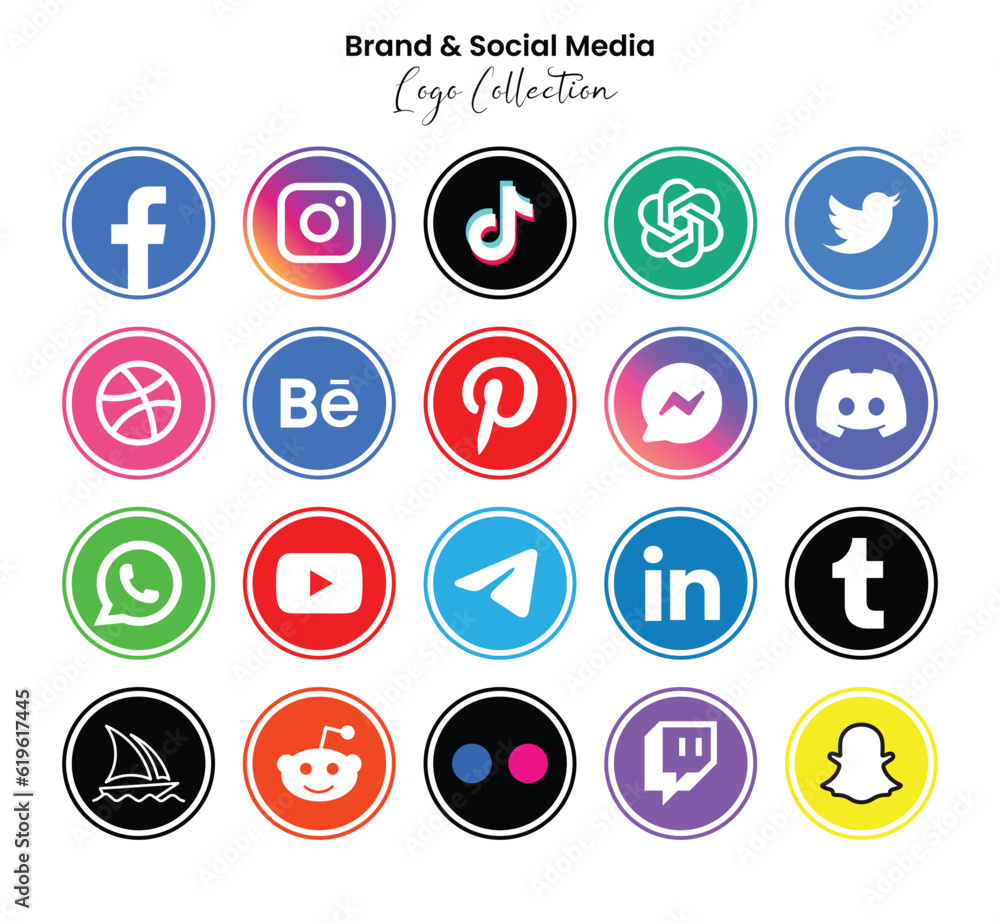 Popular social network symbols, social media logo icons collection ...