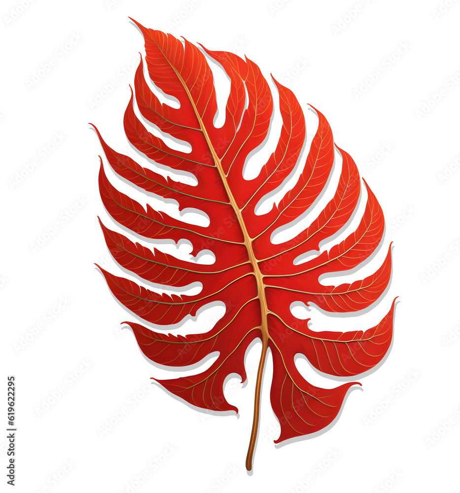 golden red monstera leaf slightly shaded on a clean transparent ...