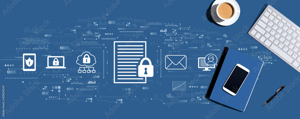 Data protection concept with a computer keyboard and office items Stock ...