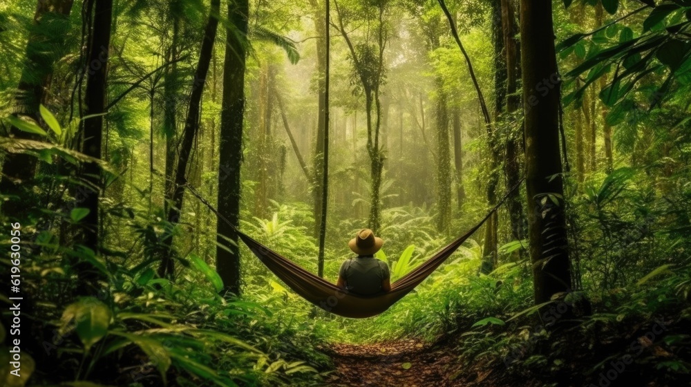 person setting up a hammock in the Amazon Rainforest generative ai ...