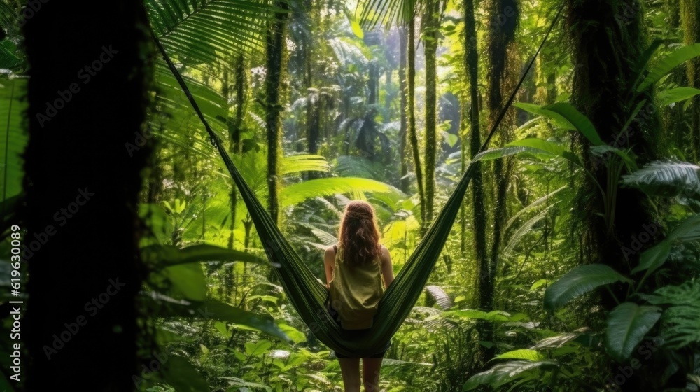 person setting up a hammock in the Amazon Rainforest generative ai ...
