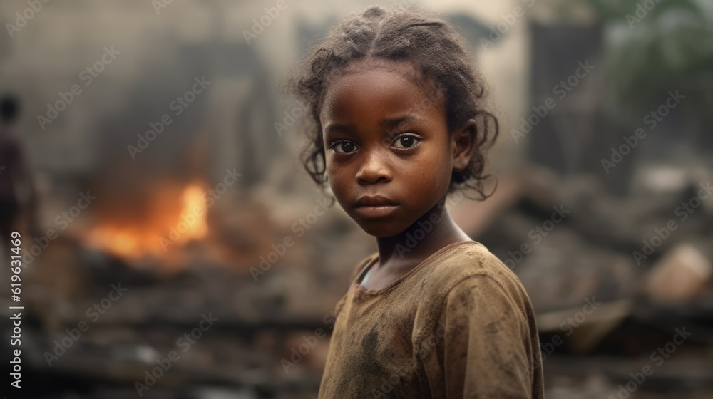 A sad face of a little African girl standing in front of collapse ...