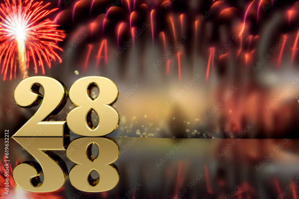 The number "28" on one side of the screen, in gold, in the form of 3D ...