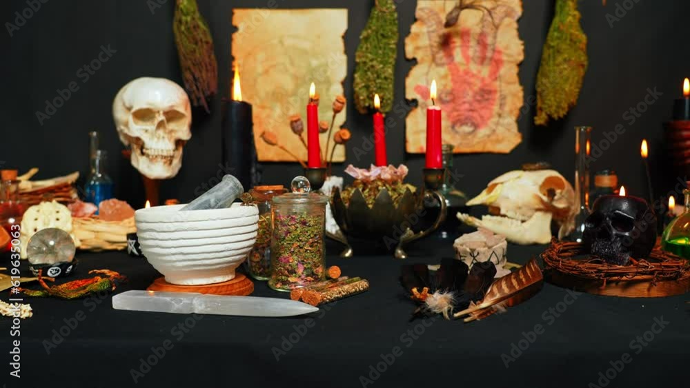 Occult esoteric witchcraft still life front focus. Halloween background ...