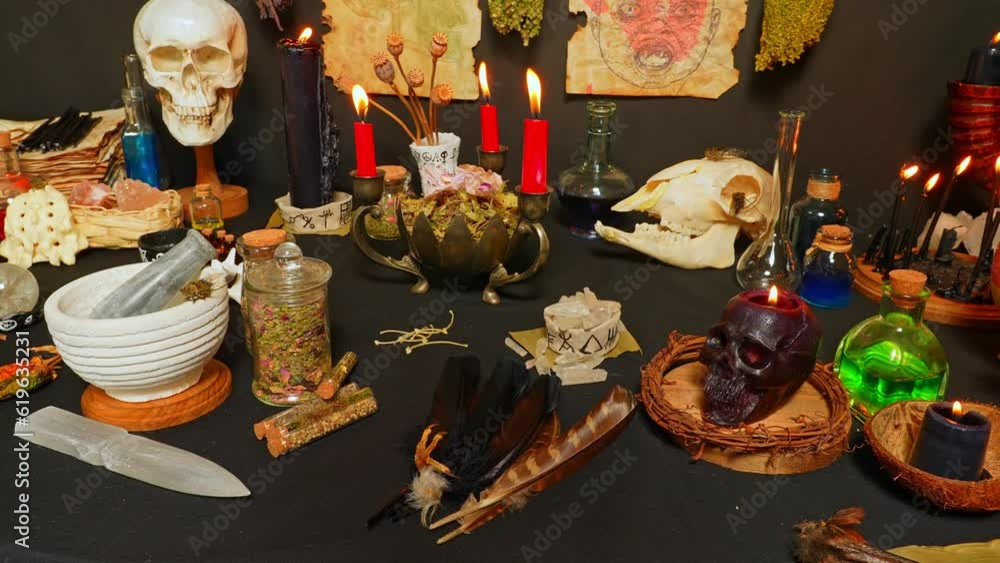 Occult esoteric witchcraft still life front focus. Halloween background ...
