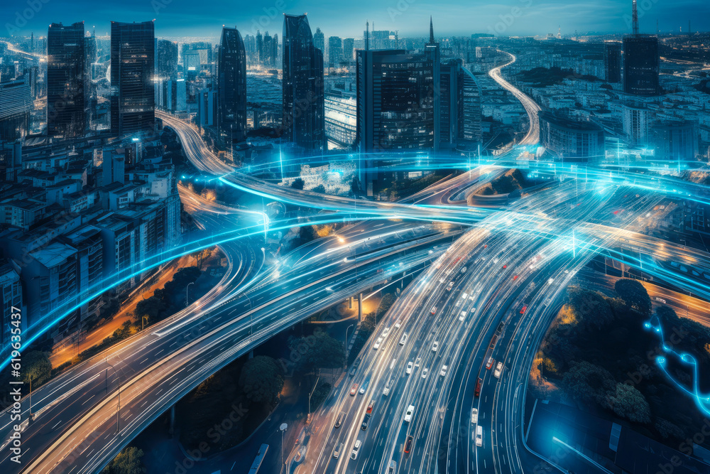 Overhead view of roads in a futuristic city with autonomous vehicles ...