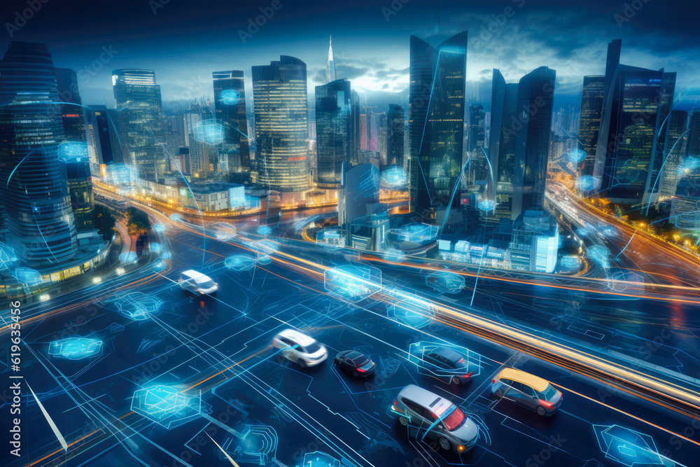 Overhead view of roads in a futuristic city with autonomous vehicles ...