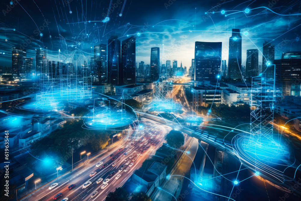 Overhead view of roads in a futuristic city with autonomous vehicles ...