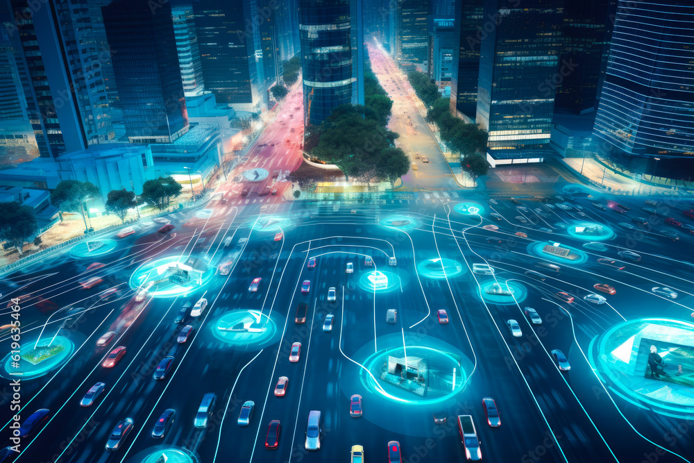 Overhead view of roads in a futuristic city with autonomous vehicles ...